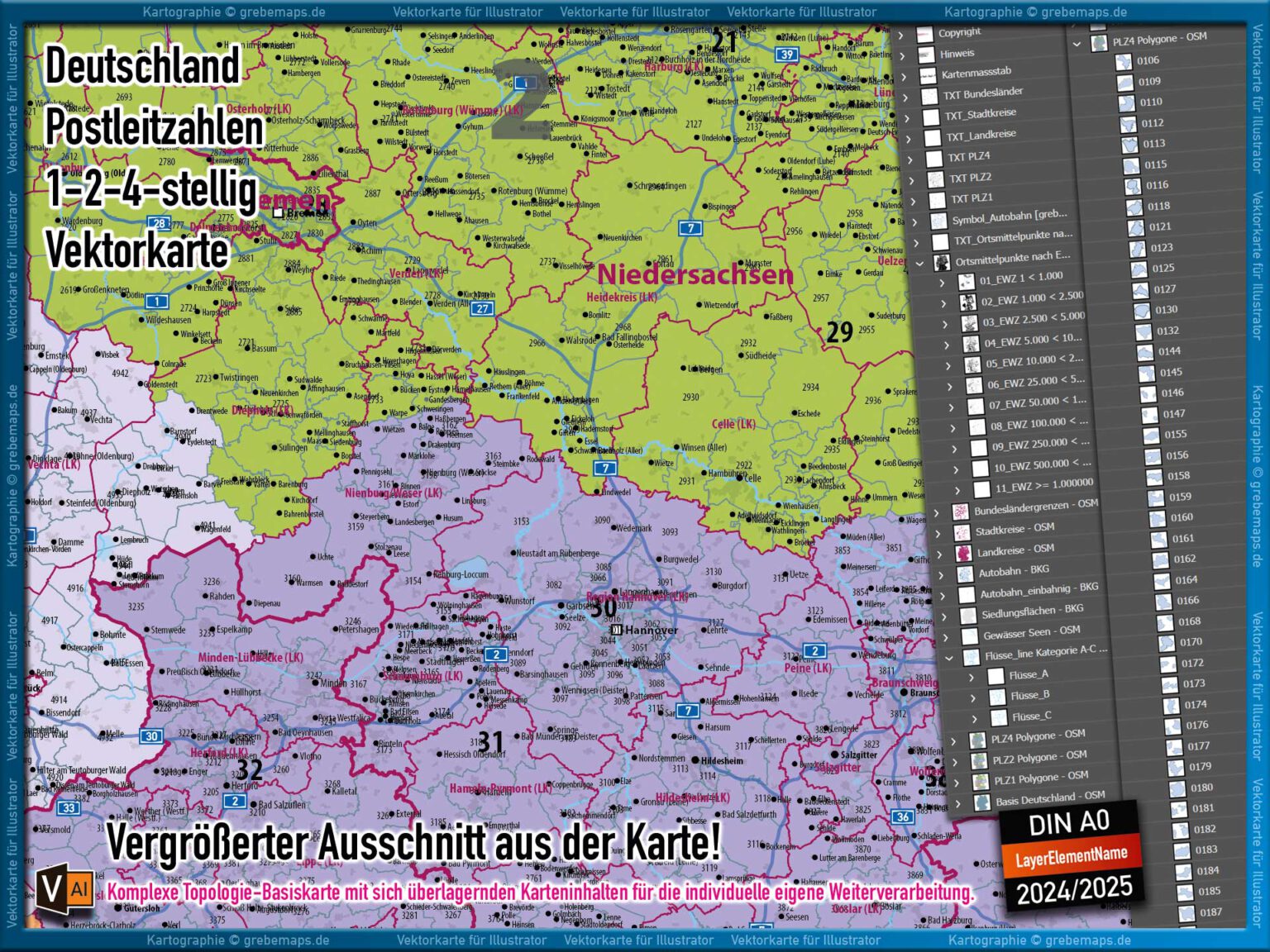 Deutschland Postleitzahlenkarte PLZ-1-2-4 (1-/2-/4-stellig) mit ...