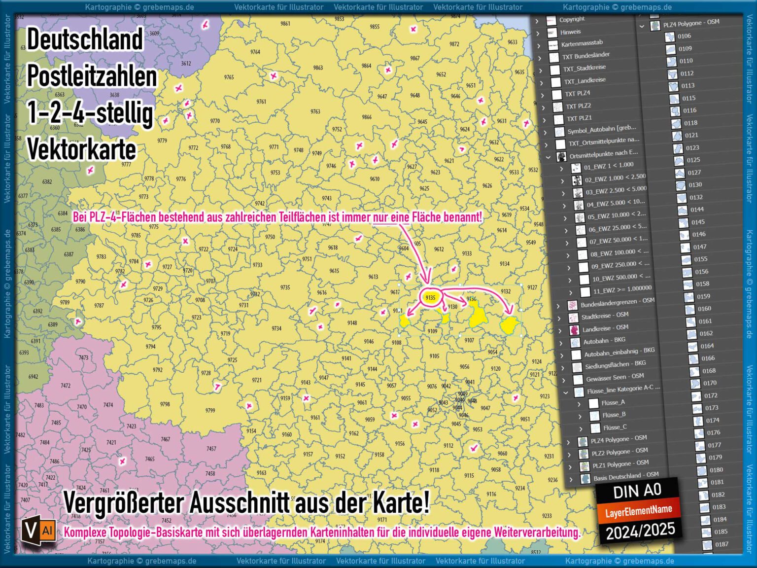 Deutschland Postleitzahlenkarte PLZ-1-2-4 (1-/2-/4-stellig) mit ...