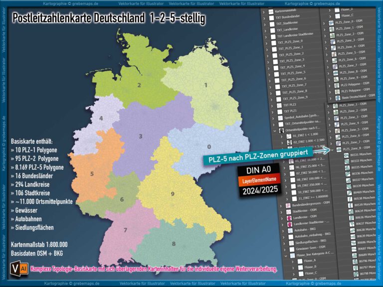 Deutschland Postleitzahlenkarte PLZ-1-2-5 (1-/2-/5-stellig) mit ...