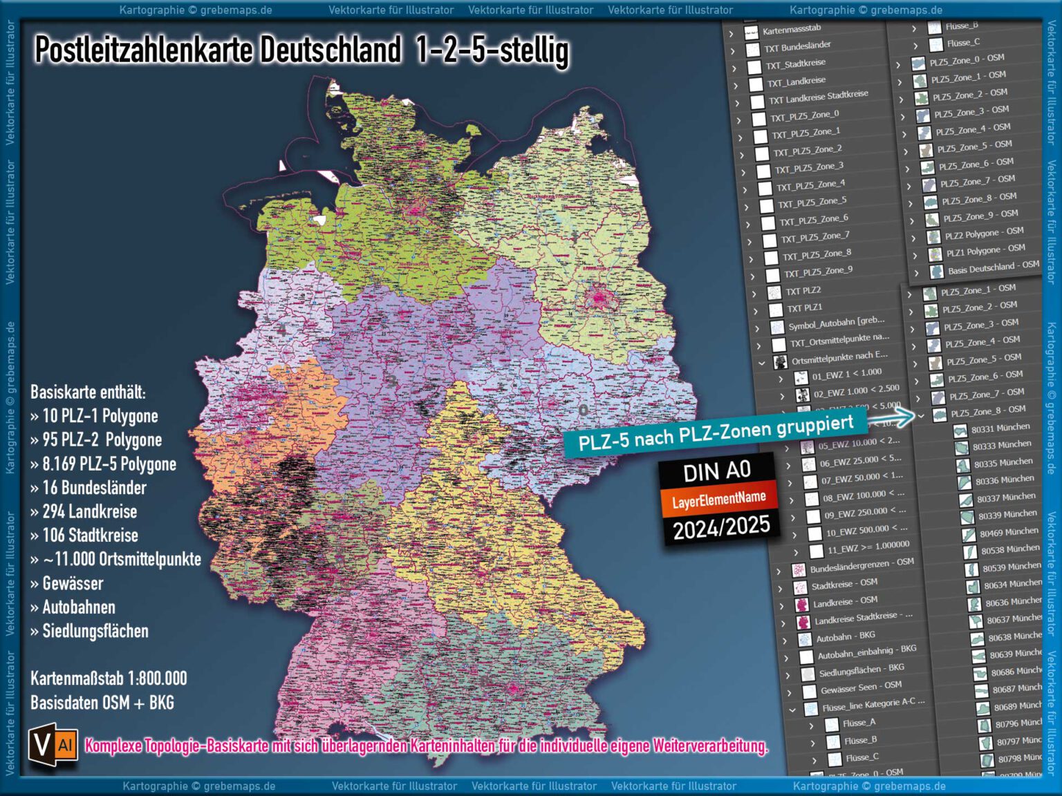 Deutschland Postleitzahlenkarte PLZ-1-2-5 (1-/2-/5-stellig) mit ...