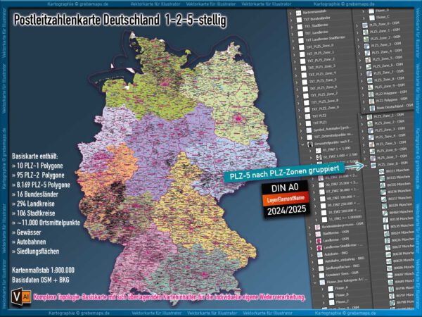 Deutschland Postleitzahlenkarte PLZ-1-2-5 (1-/2-/5-stellig) mit ...
