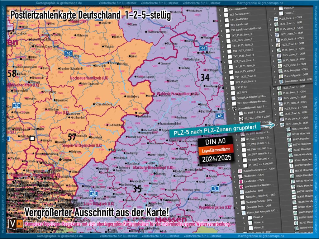Deutschland Postleitzahlenkarte PLZ-1-2-5 (1-/2-/5-stellig) mit ...