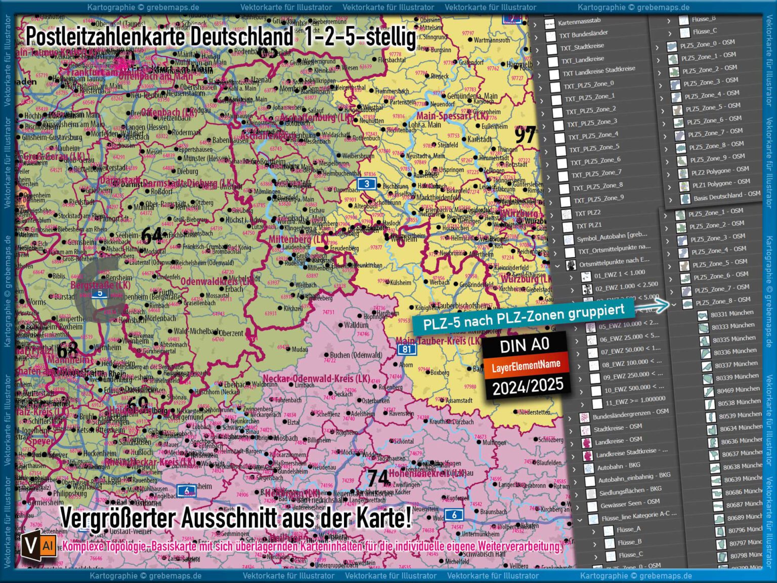 Deutschland Postleitzahlenkarte PLZ-1-2-5 (1-/2-/5-stellig) mit ...