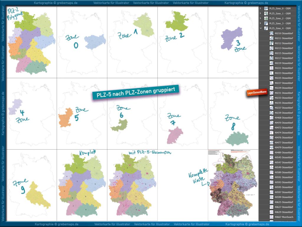Deutschland Postleitzahlenkarte PLZ-1-2-5 (1-/2-/5-stellig) mit ...