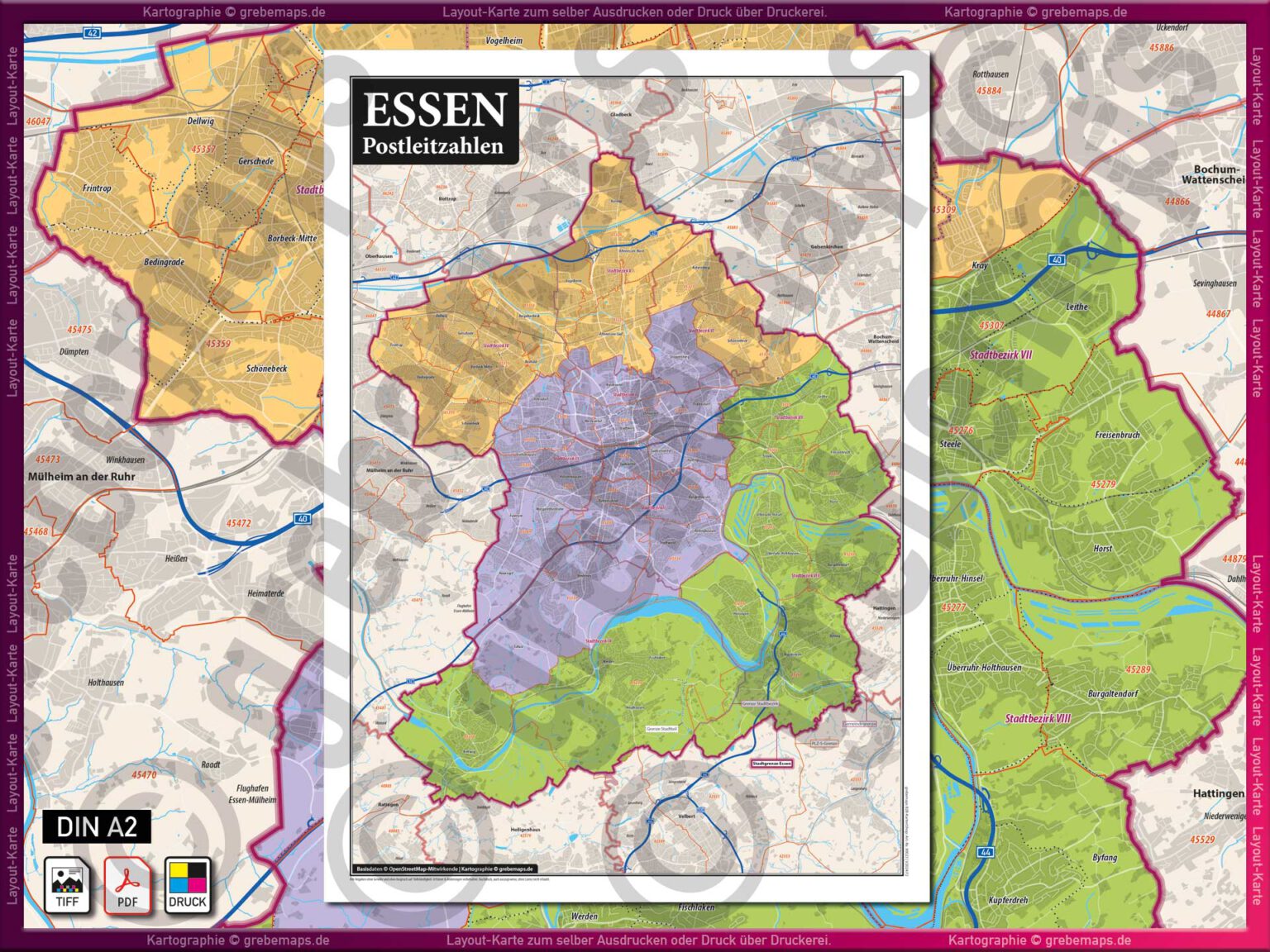 Essen Layout-Karte Postleitzahlen PLZ 5-stellig Landkarte Stadtplan mit ...