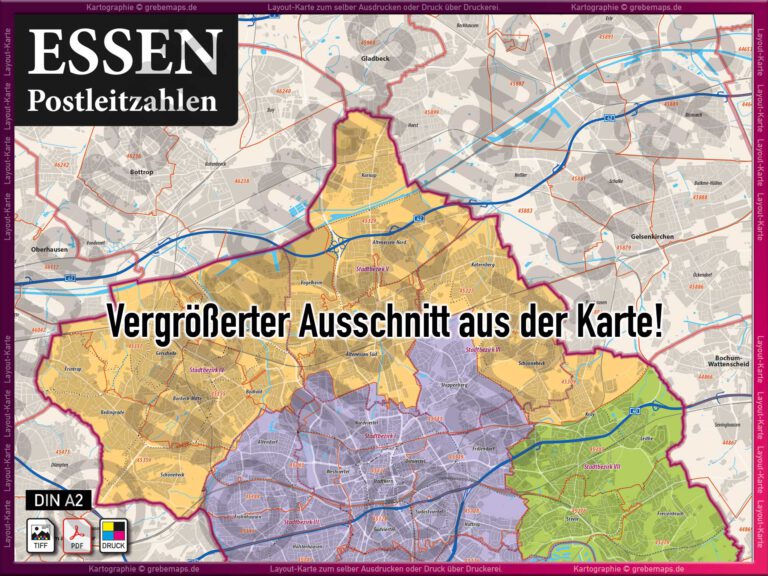 Essen Layout-Karte Postleitzahlen PLZ 5-stellig Landkarte Stadtplan mit ...