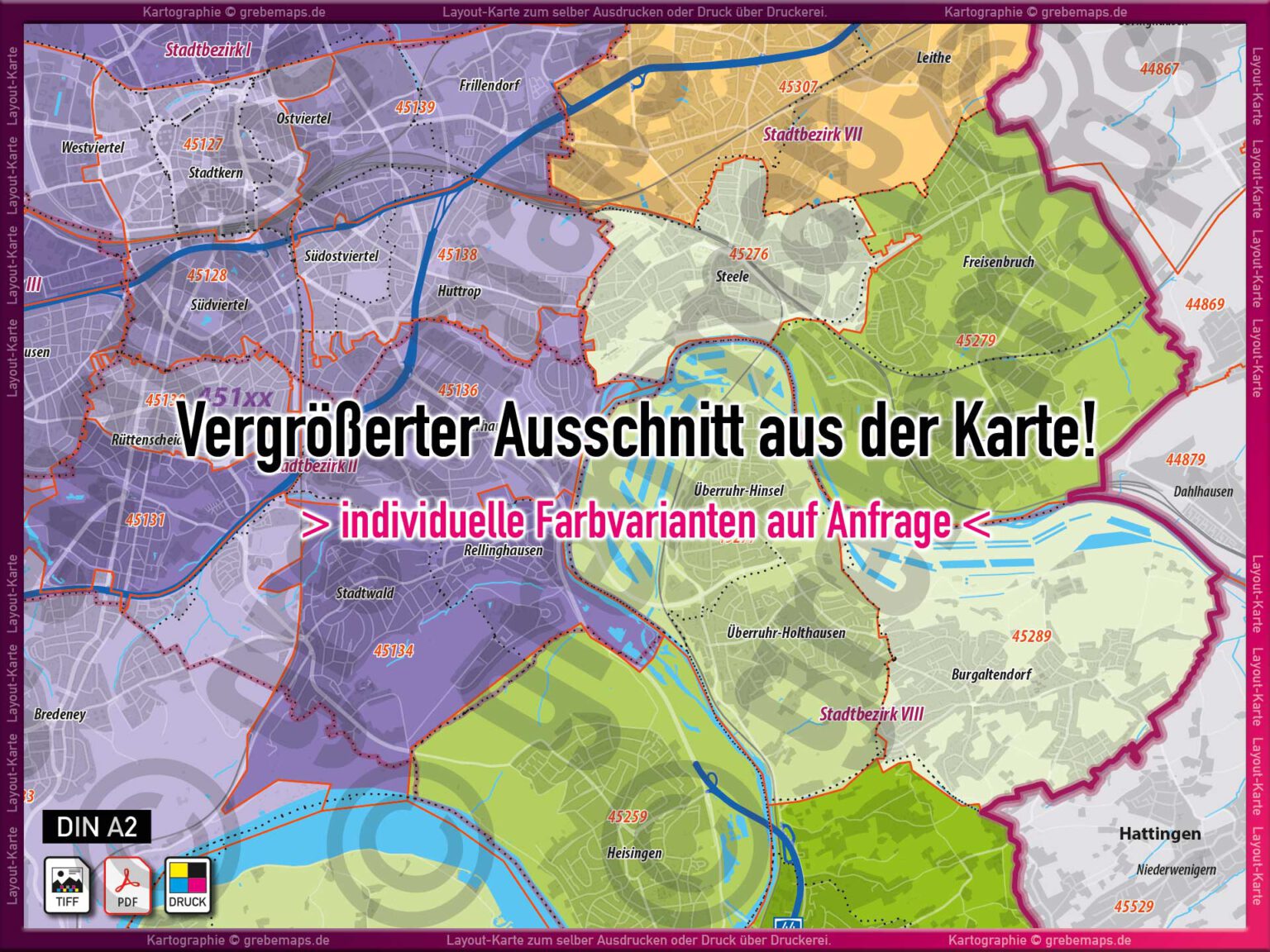 Essen Layout-Karte Postleitzahlen PLZ 5-stellig Landkarte Stadtplan mit ...