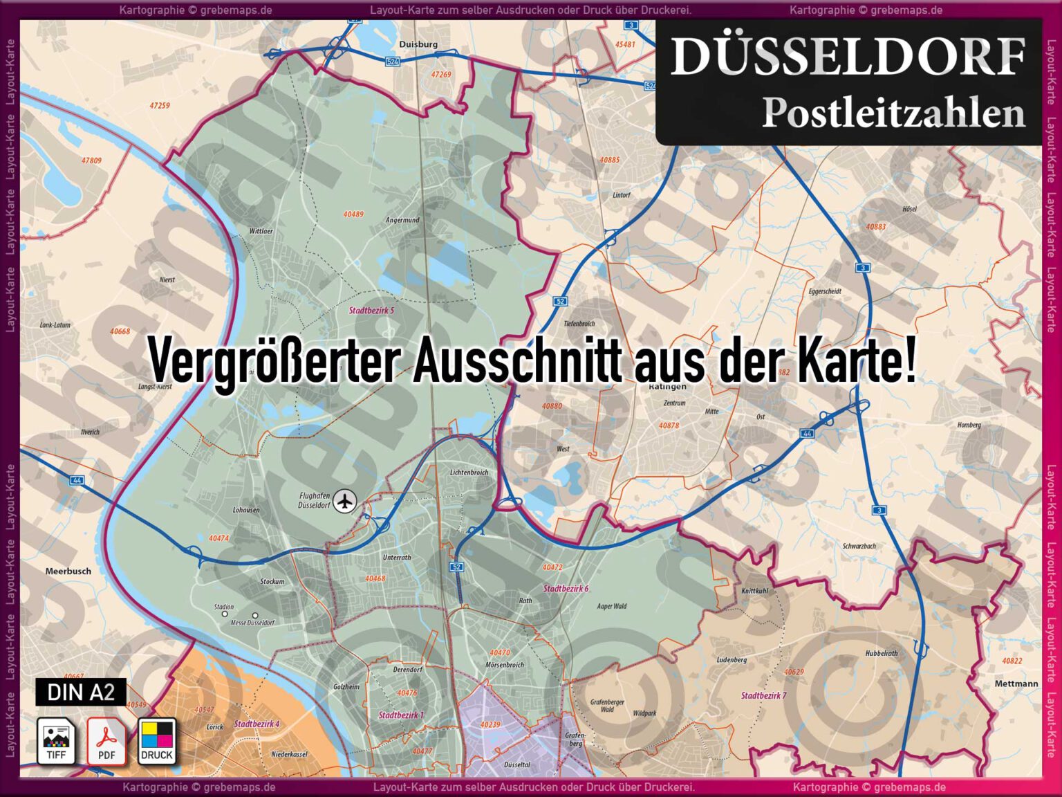 Düsseldorf Layout-Karte Postleitzahlen PLZ 5-stellig Landkarte ...