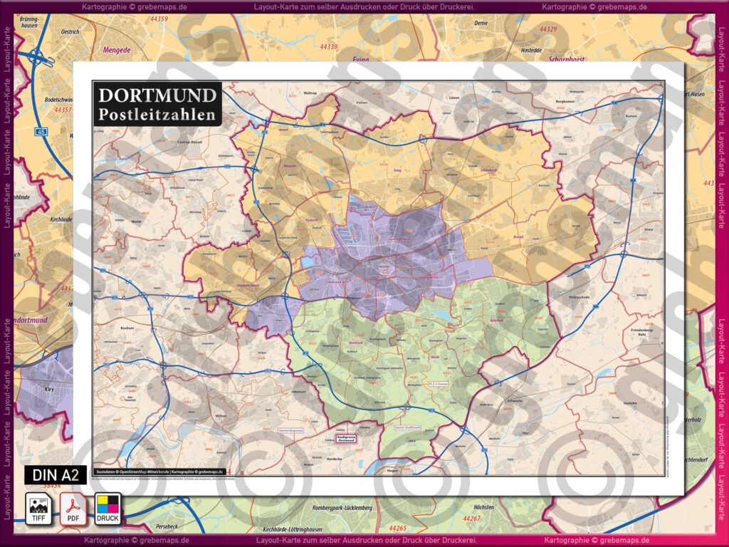 Dortmund Layout-Karte Postleitzahlen PLZ 5-stellig Landkarte Stadtplan ...