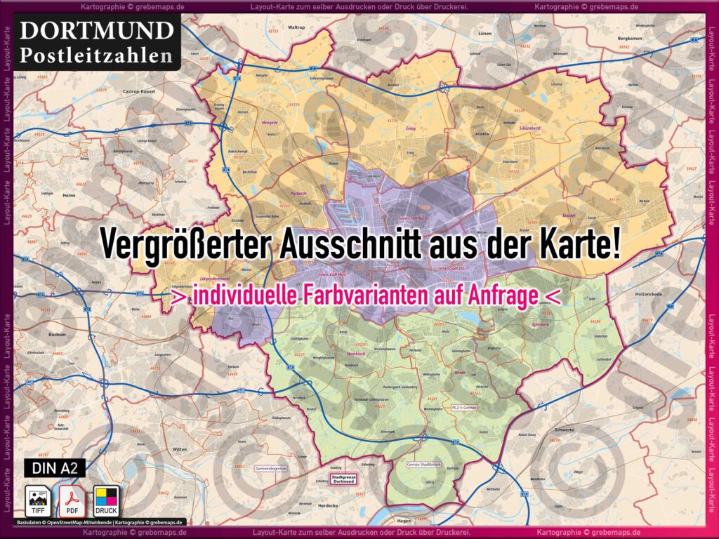 Dortmund Layout-Karte Postleitzahlen PLZ 5-stellig Landkarte Stadtplan ...