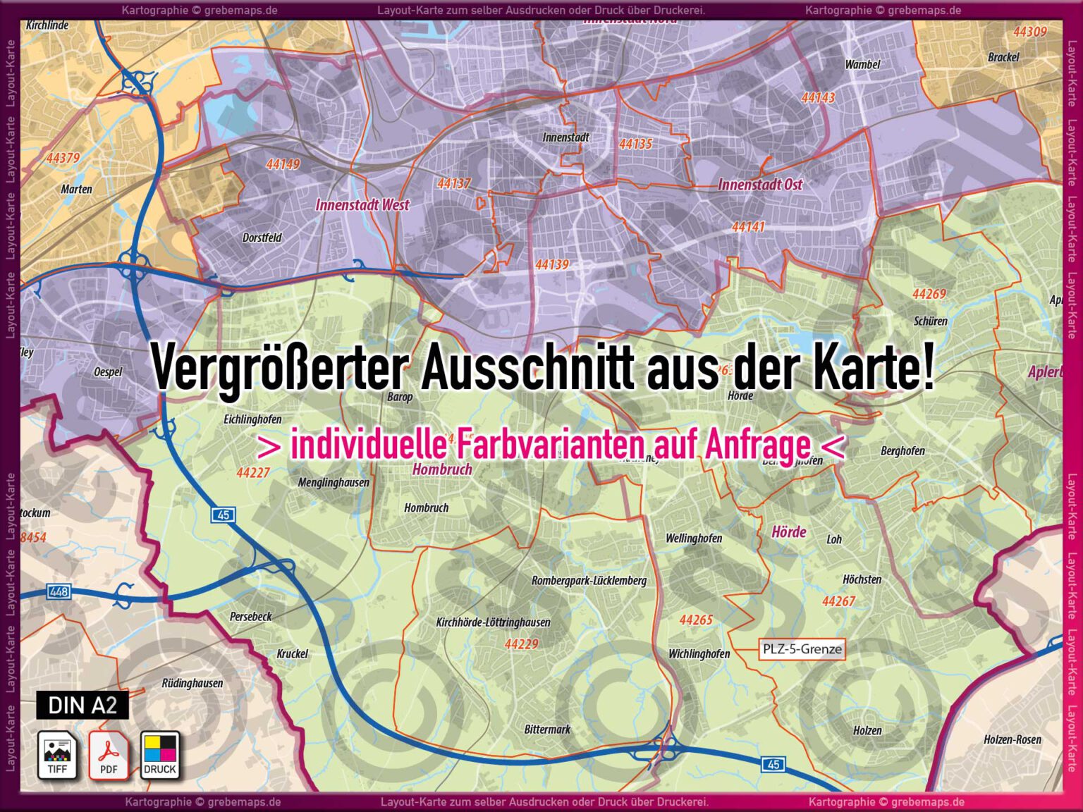Dortmund Layout-Karte Postleitzahlen PLZ 5-stellig Landkarte Stadtplan ...