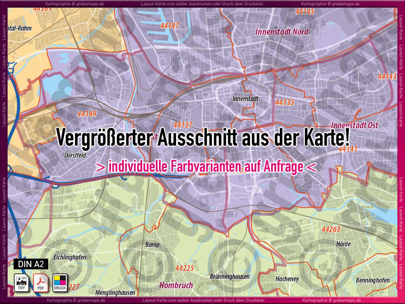 Dortmund Layout-Karte Postleitzahlen PLZ 5-stellig Landkarte Stadtplan ...