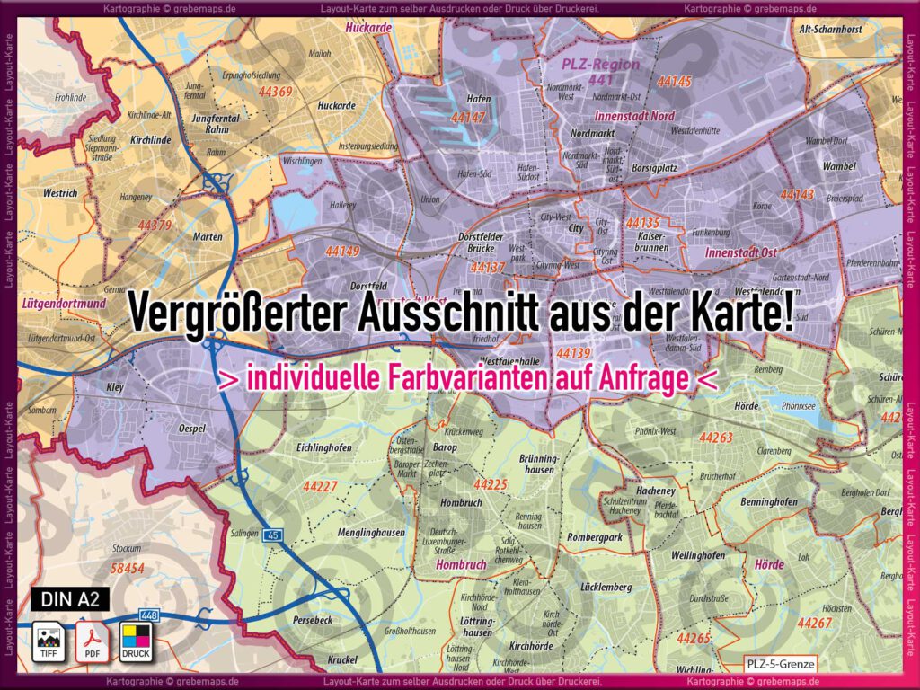 Dortmund Layout-Karte Postleitzahlen PLZ 5-stellig Landkarte Stadtplan ...