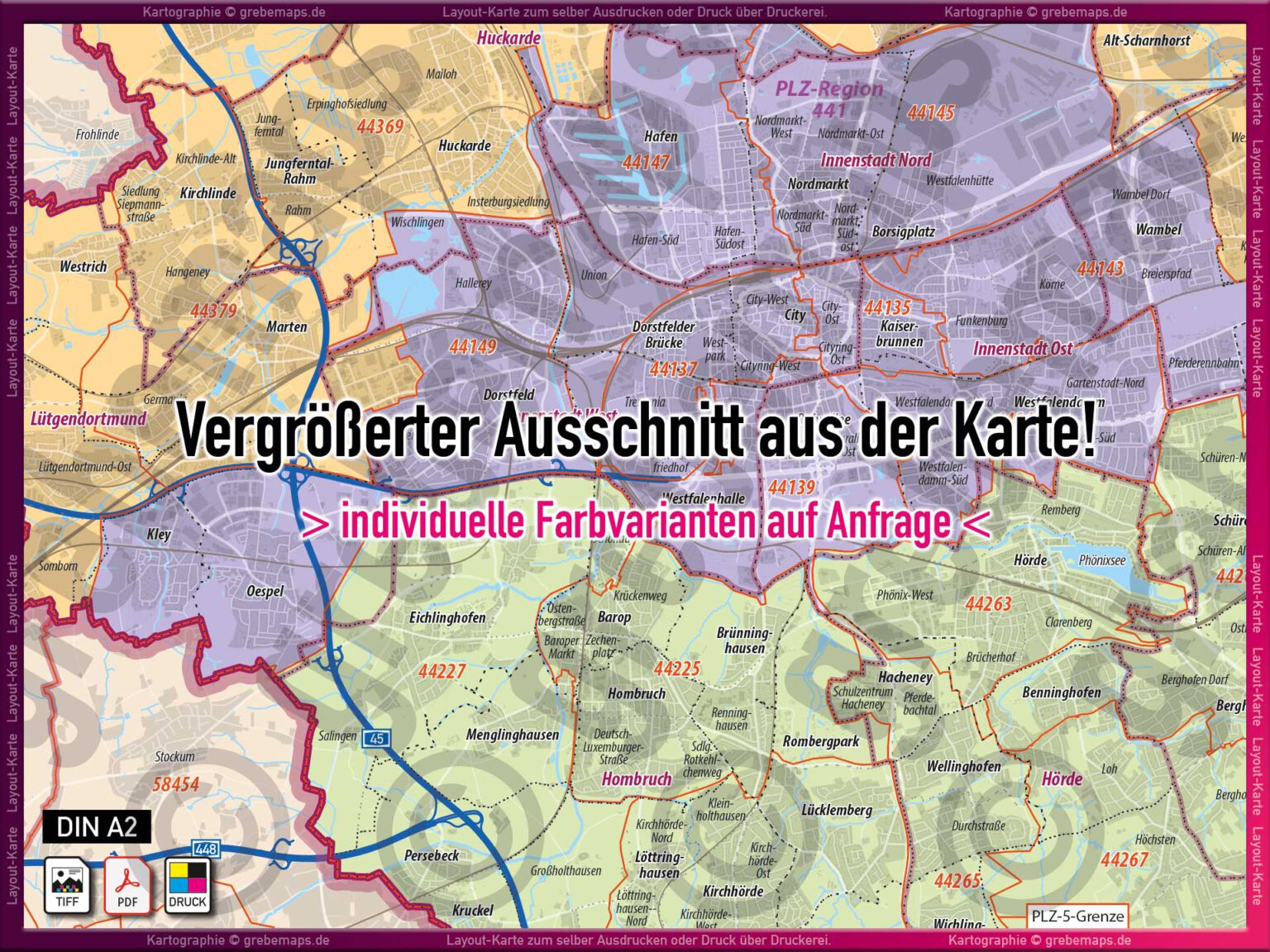 Dortmund Layout-Karte Postleitzahlen PLZ 5-stellig Landkarte Stadtplan ...
