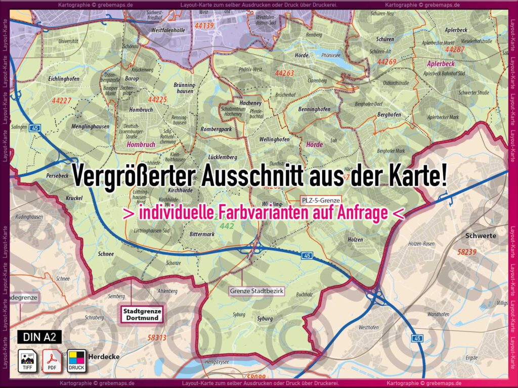 Dortmund Layout-Karte Postleitzahlen PLZ 5-stellig Landkarte Stadtplan ...