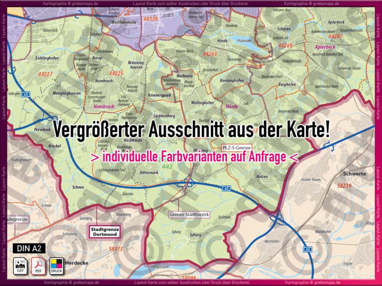 Dortmund Layout-Karte Postleitzahlen PLZ 5-stellig Landkarte Stadtplan ...