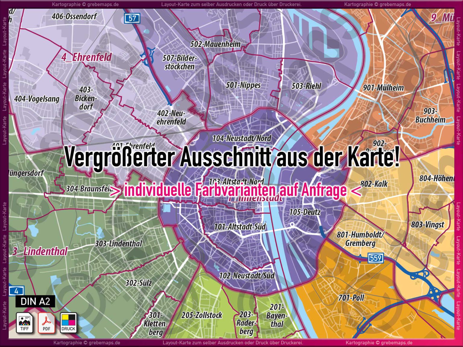 Köln Layout-Karte Stadtplan mit Stadtbezirken und Stadtteilen - DIN A2