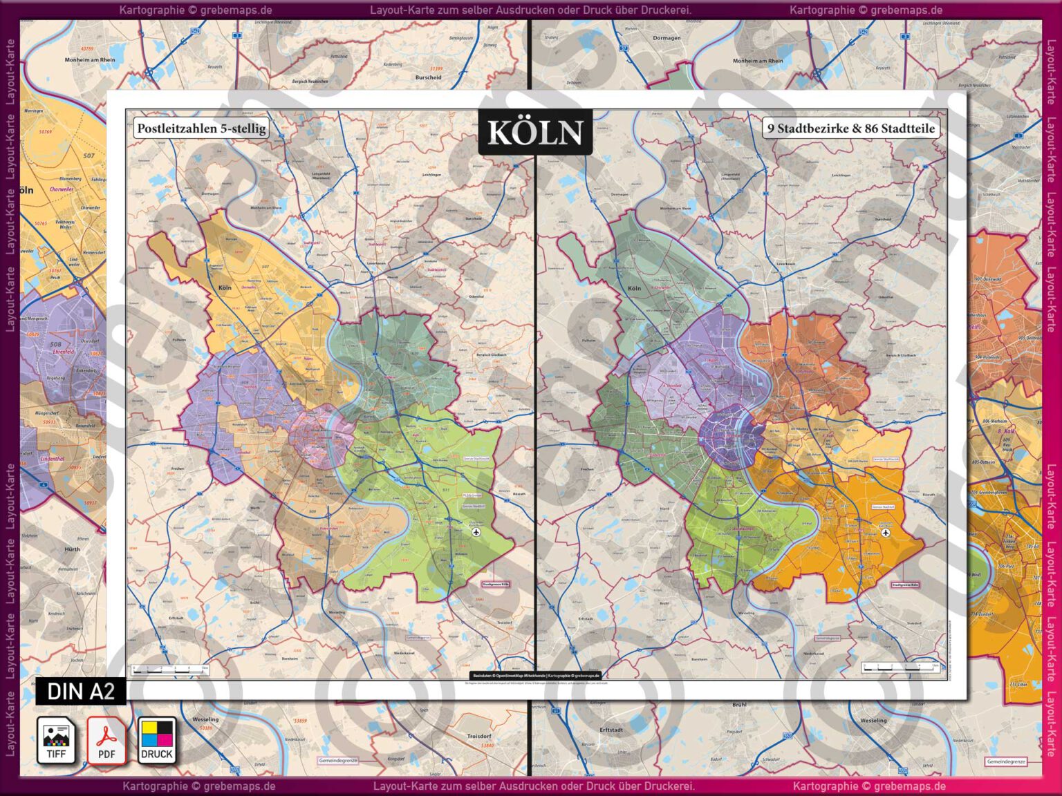 Köln Layout-Karte Karten-Komposition aus Postleitzahlen PLZ 5-stellig ...