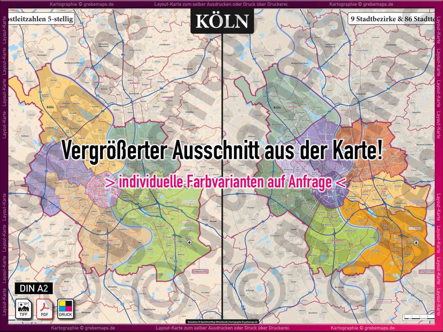 Köln Layout-Karte Karten-Komposition aus Postleitzahlen PLZ 5-stellig ...