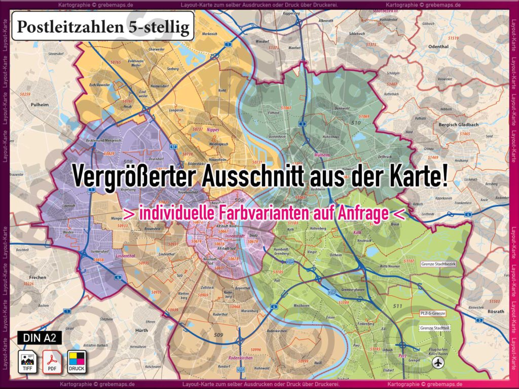 Köln Layout-Karte Karten-Komposition aus Postleitzahlen PLZ 5-stellig ...