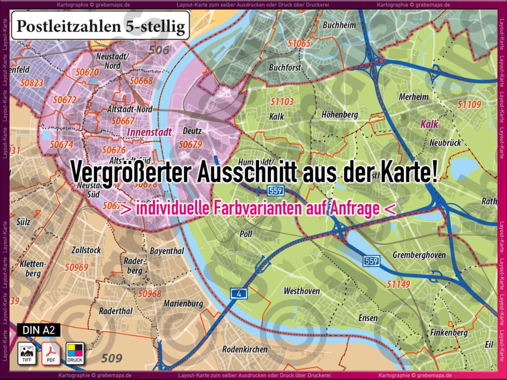 Köln Layout-Karte Karten-Komposition aus Postleitzahlen PLZ 5-stellig ...