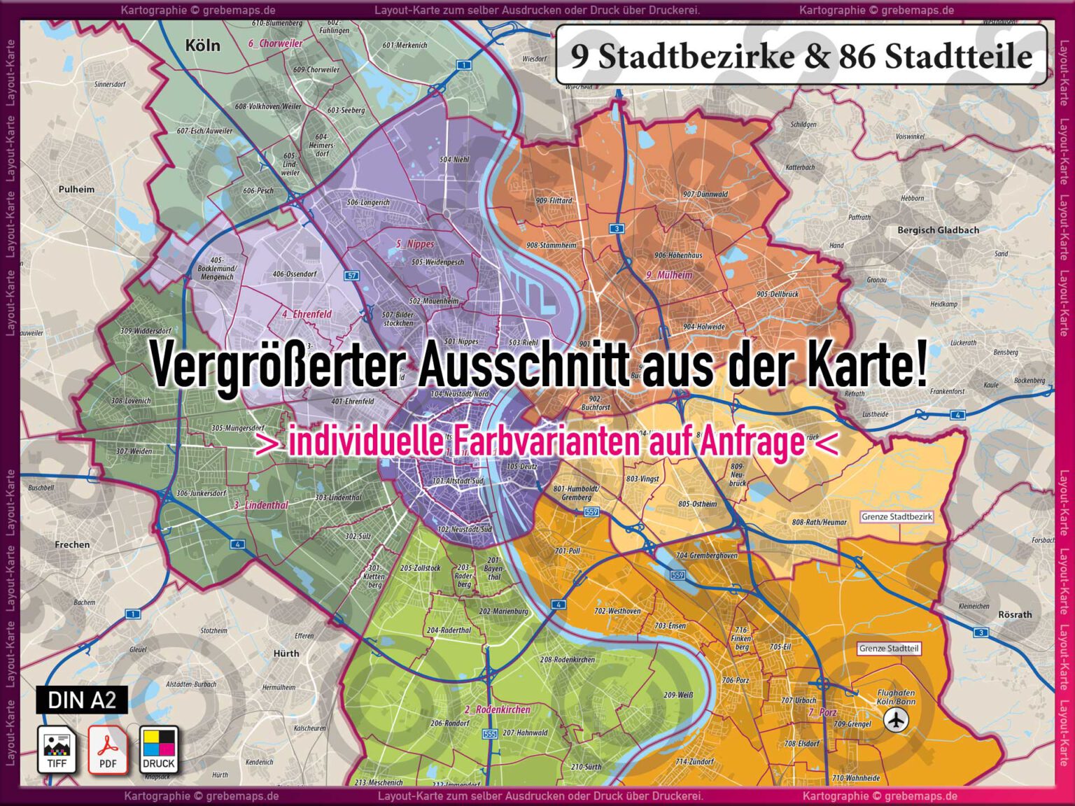 Köln Layout-Karte Karten-Komposition aus Postleitzahlen PLZ 5-stellig ...