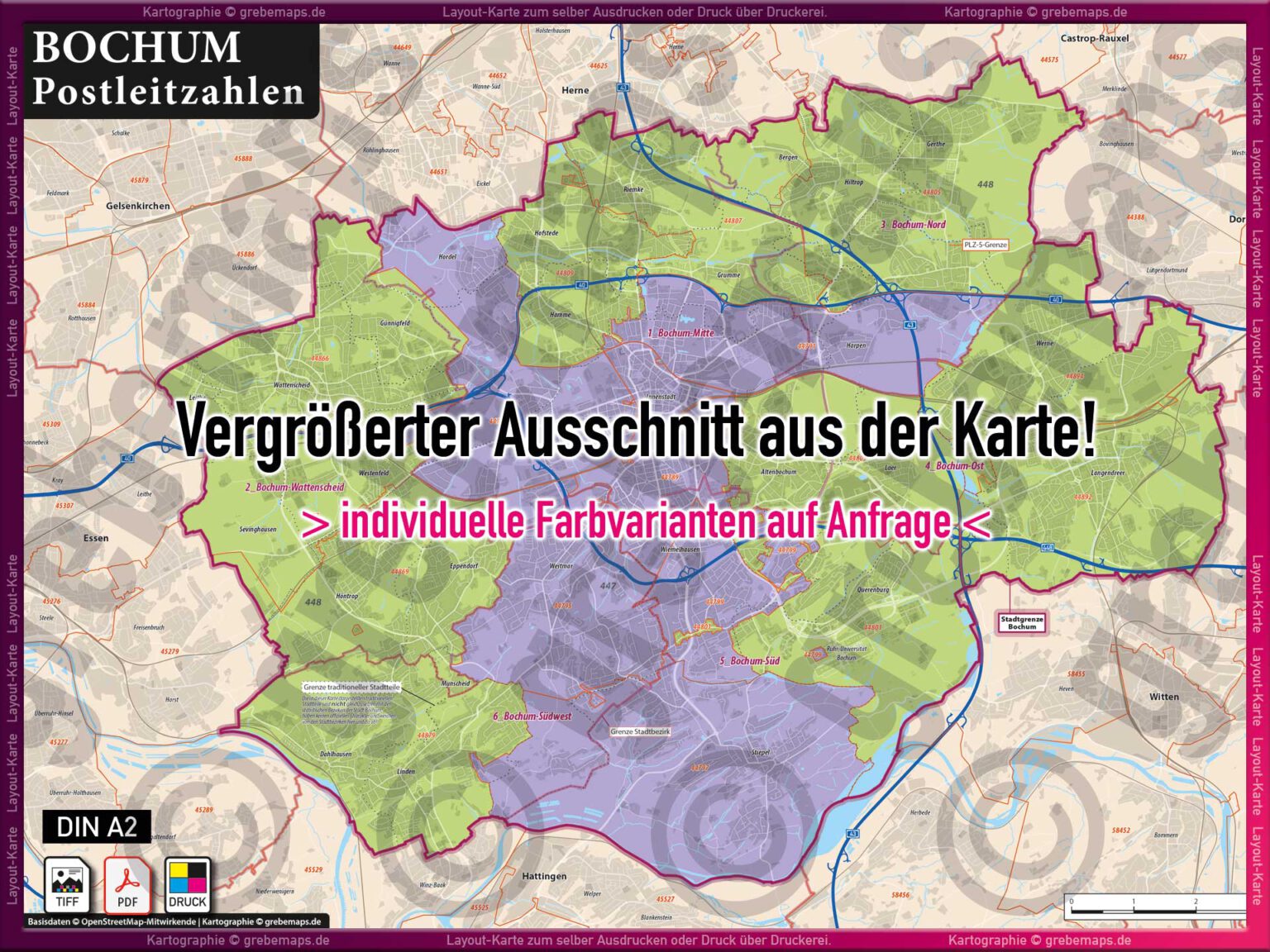 Bochum Layout-Karte Postleitzahlen PLZ 5-stellig Landkarte Stadtplan ...