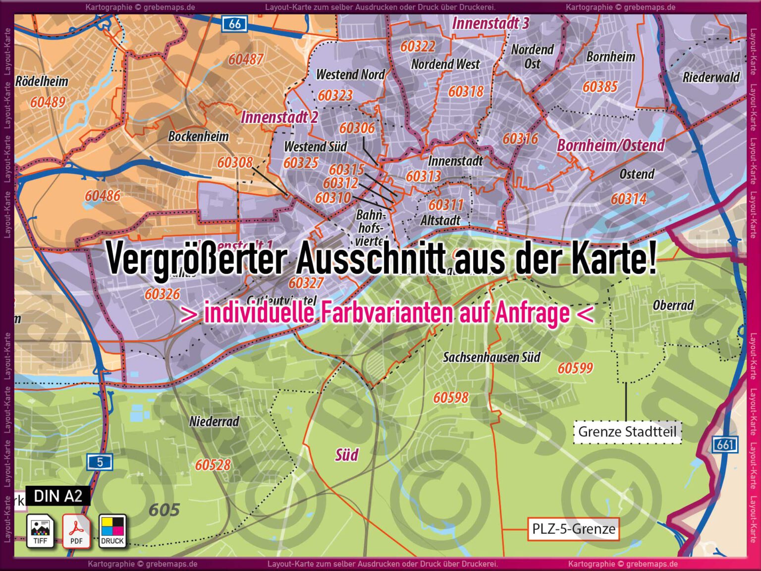 Frankfurt am Main Layout-Karte Postleitzahlen PLZ 5-stellig Landkarte ...