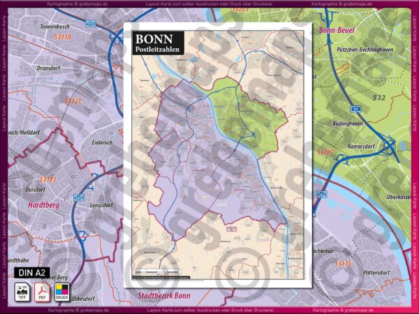 Bonn Layout-Karte Postleitzahlen PLZ 5-stellig Landkarte Stadtplan mit ...