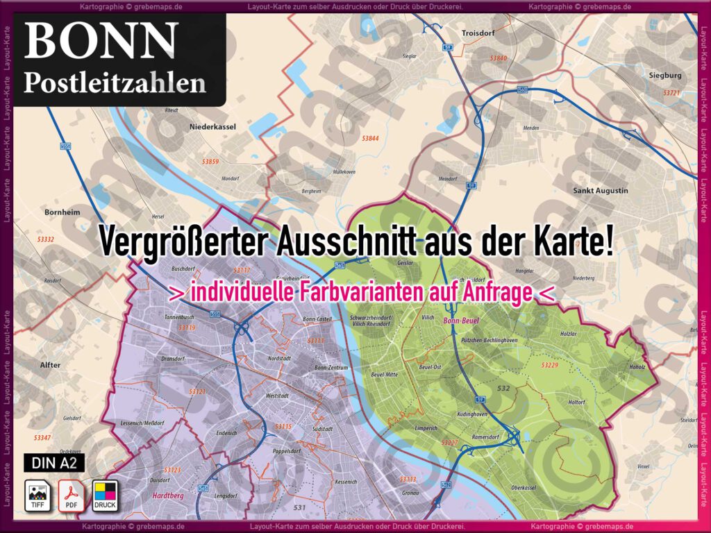 Bonn Layout-Karte Postleitzahlen PLZ 5-stellig Landkarte Stadtplan mit ...