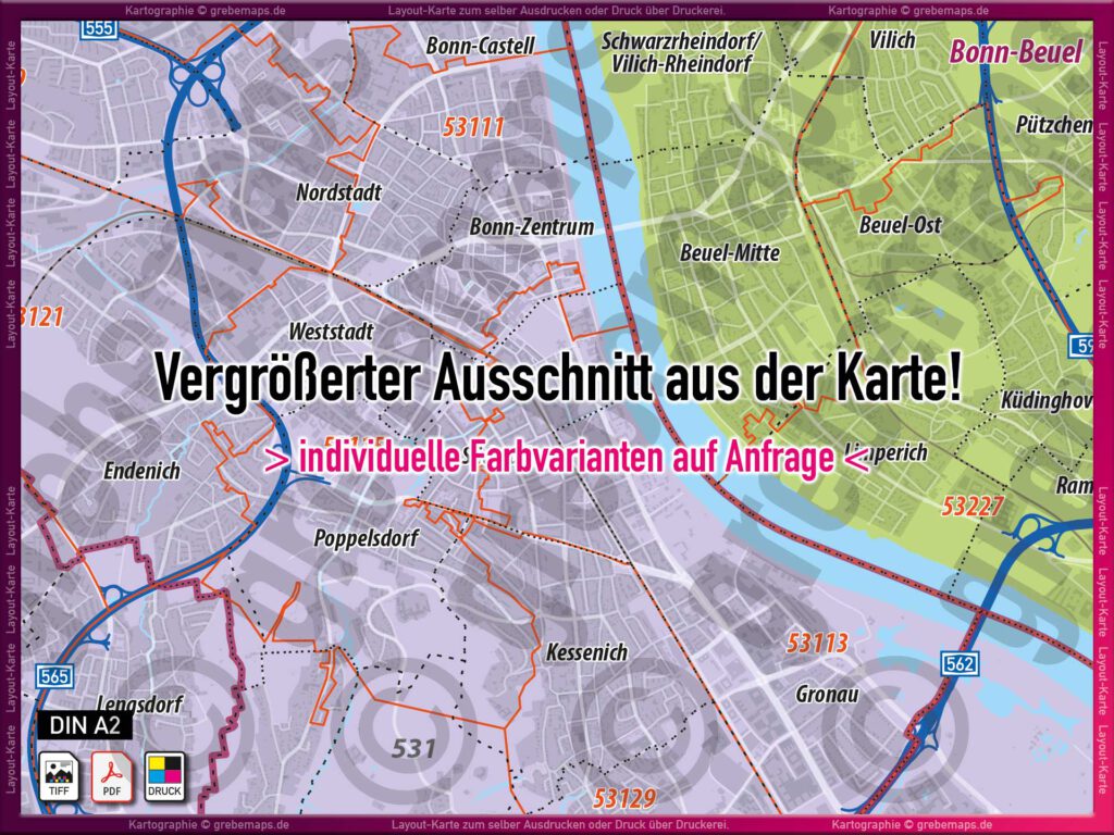 Bonn Layout-Karte Postleitzahlen PLZ 5-stellig Landkarte Stadtplan mit ...