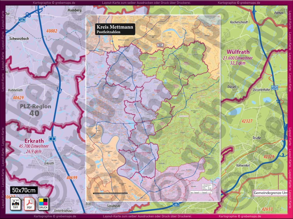 Kreis Mettmann Layout-Karte Postleitzahlen PLZ 5-stellig Landkarte ...