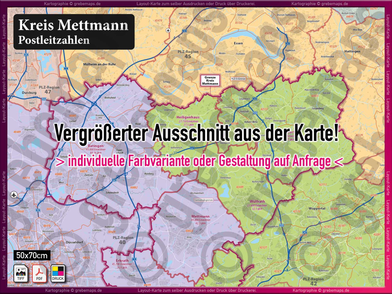 Kreis Mettmann Layout-Karte Postleitzahlen PLZ 5-stellig Landkarte ...