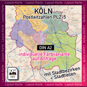 Köln Layout-Karte Postleitzahlen PLZ 5-stellig Landkarte Stadtplan mit ...