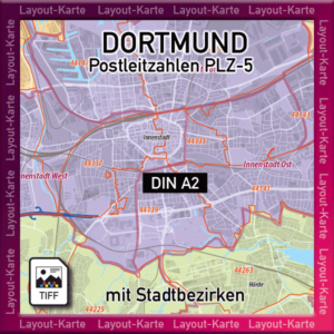 Dortmund Layout-Karte Postleitzahlen PLZ 5-stellig Landkarte Stadtplan ...