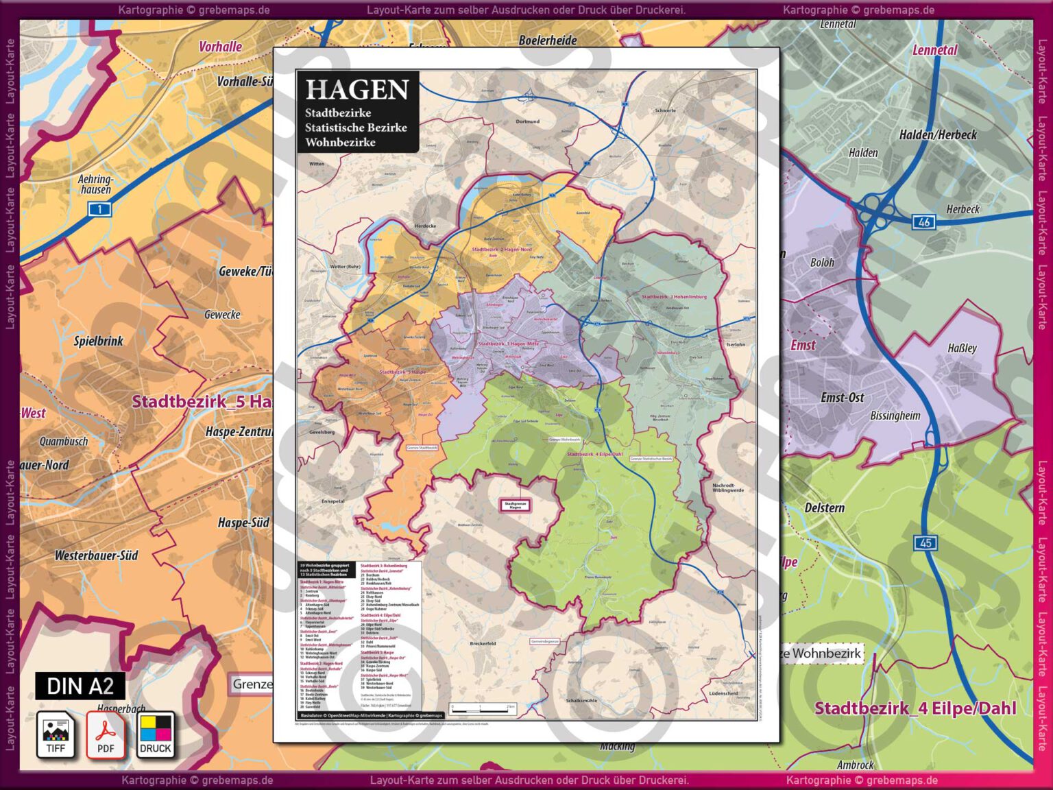 Hagen Layout-Karte Stadtbezirke Statistische Bezirke Wohnbezirke ...