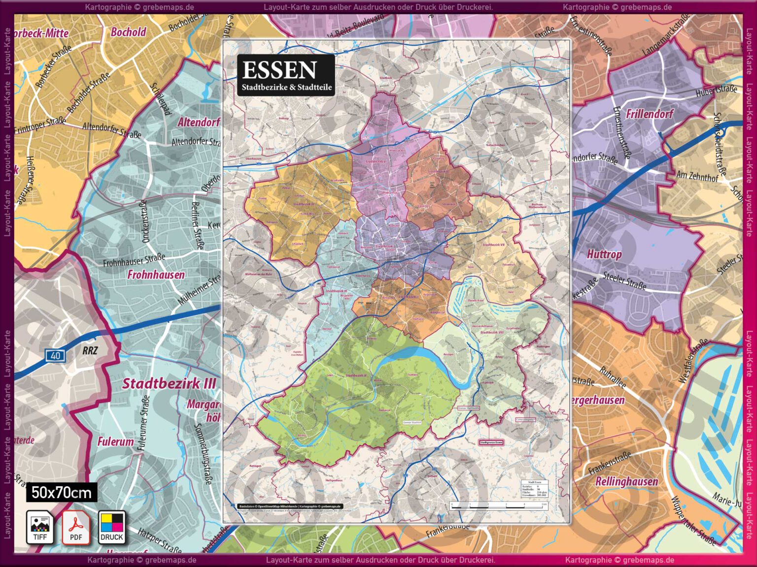 Essen Layout-Karte Stadtkarte mit Stadtbezirken und Stadtteilen ...