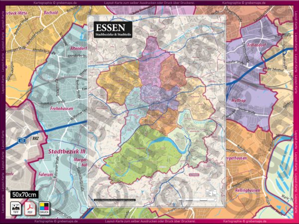 Essen Layout-Karte Stadtkarte mit Stadtbezirken und Stadtteilen ...