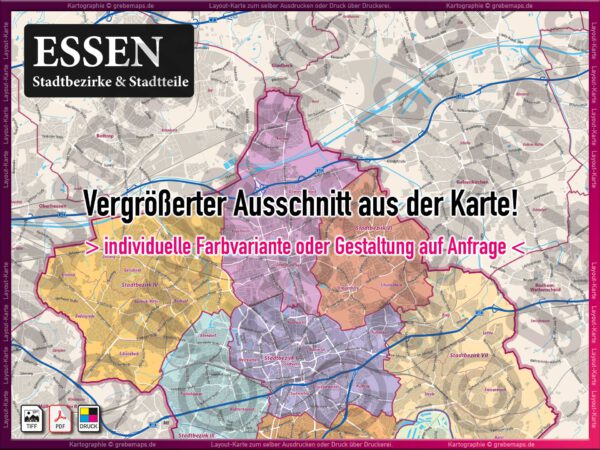 Essen Layout-Karte Stadtkarte mit Stadtbezirken und Stadtteilen ...