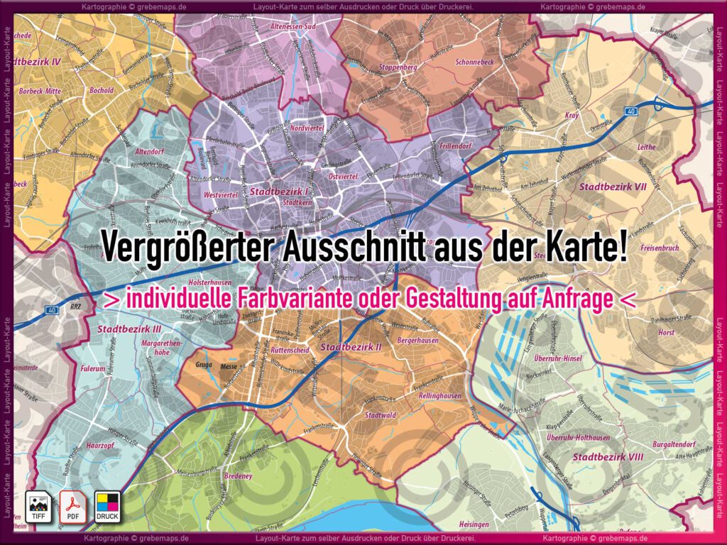 Essen Layout-Karte Stadtkarte mit Stadtbezirken und Stadtteilen ...