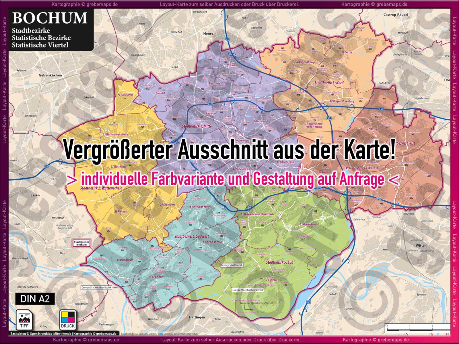 Bochum Layout-Karte mit Stadtbezirken Statistischen Bezirken und ...