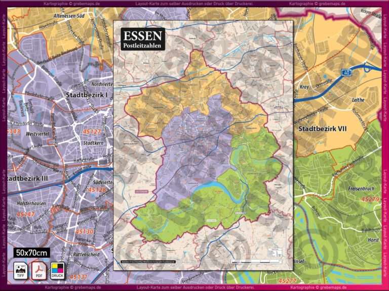 Essen Layout-Karte Postleitzahlen PLZ 5-stellig Landkarte Stadtplan mit ...