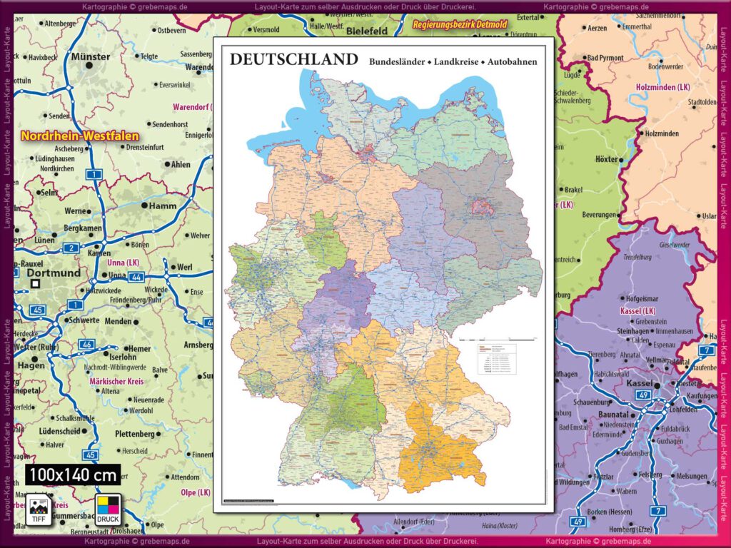 Deutschland Layout-Karte Autobahnen Landkreise Bundesländer Landkarte ...