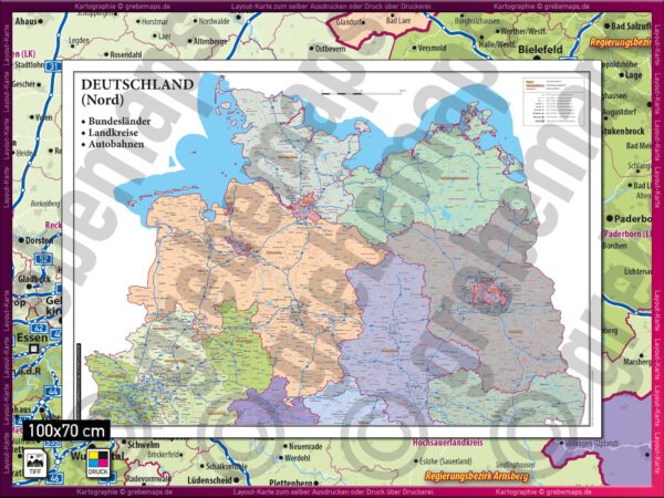 Deutschland (Nord) Layout-Karte Autobahnen Landkreise Bundesländer ...