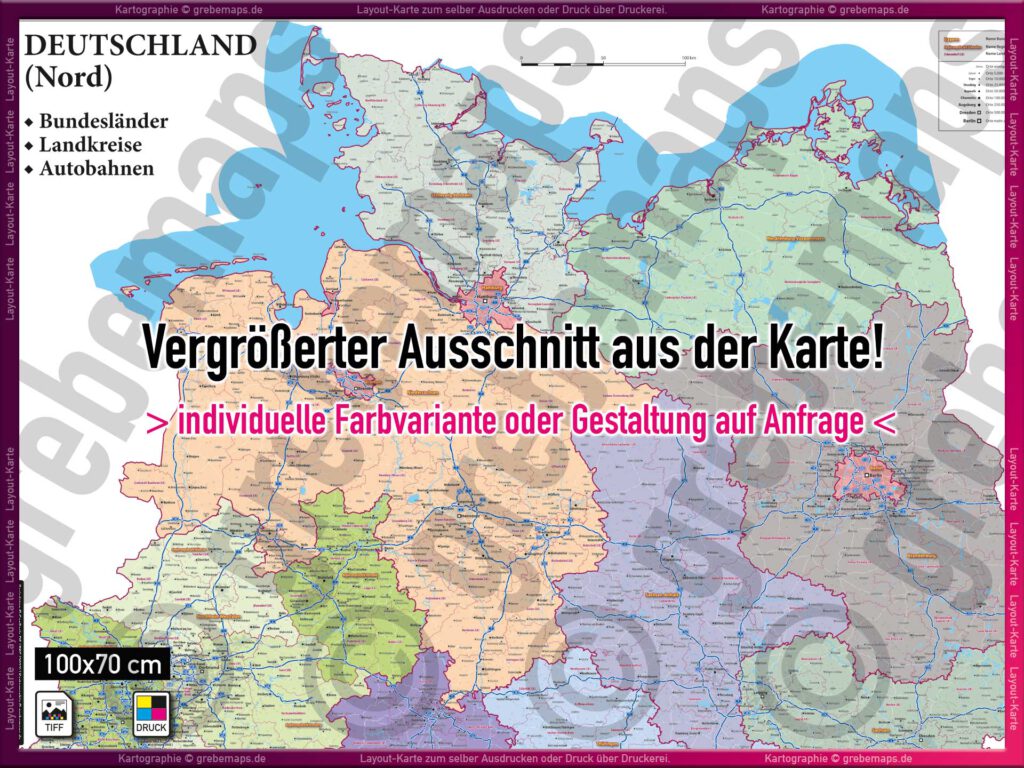 Deutschland (Nord) Layout-Karte Autobahnen Landkreise Bundesländer ...