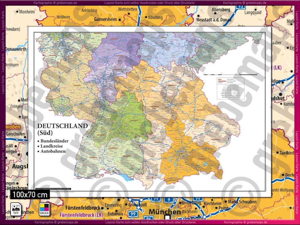 Deutschland (Süd) Layout-Karte Autobahnen Landkreise Bundesländer ...