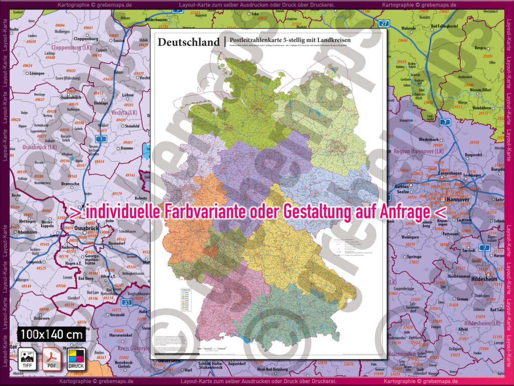 Deutschland Layout-Karte Postleitzahlenkarte PLZ 5-stellig Landkreise ...