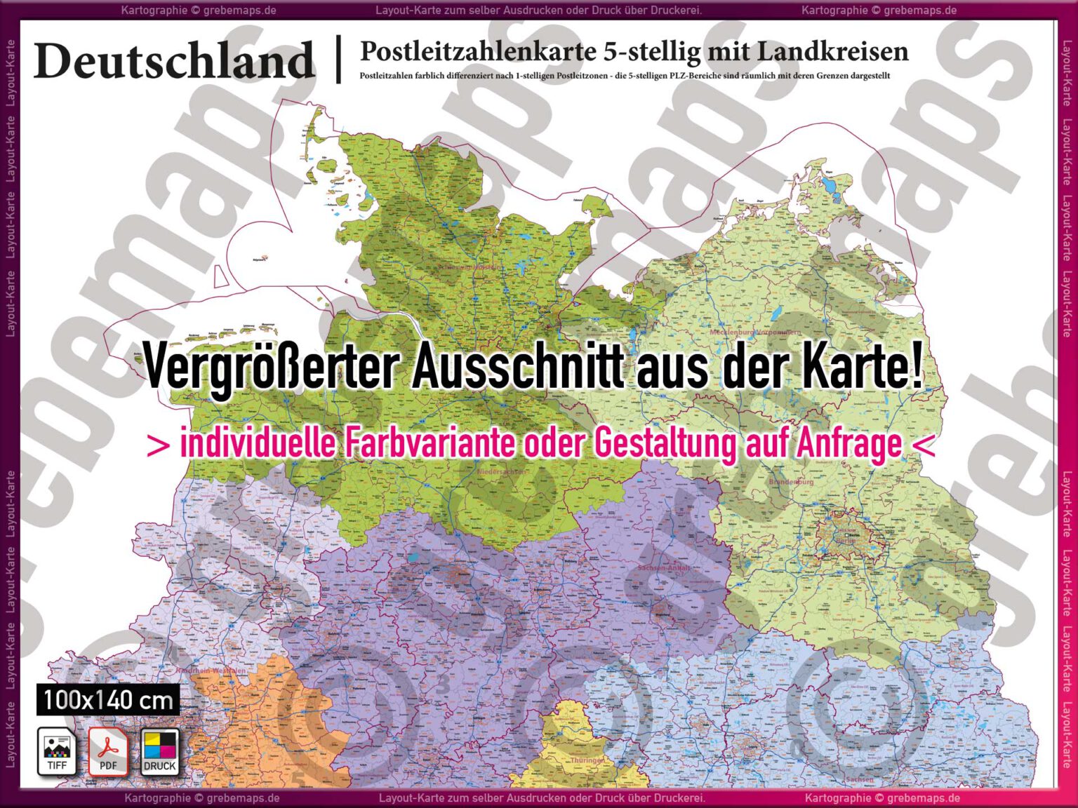 Deutschland Layout-Karte Postleitzahlenkarte PLZ 5-stellig Landkreise ...