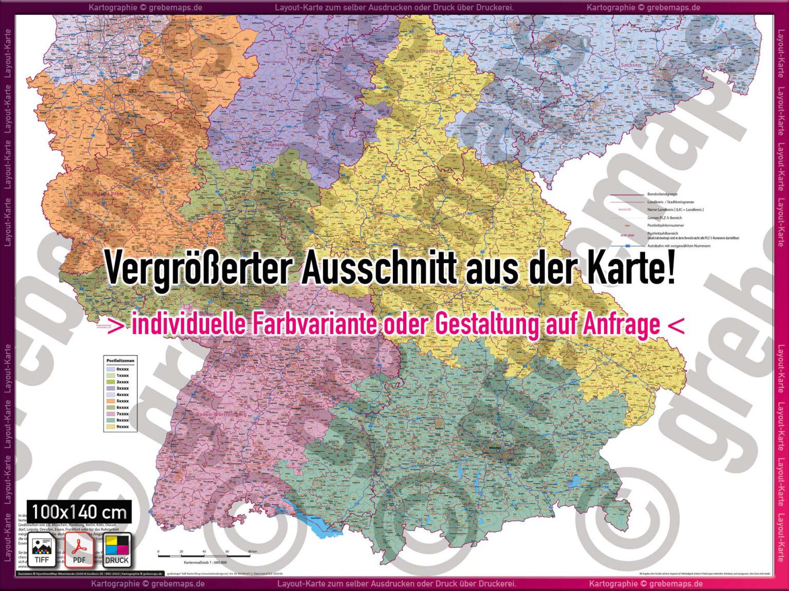 Deutschland Layout-Karte Postleitzahlenkarte PLZ 5-stellig Landkreise ...