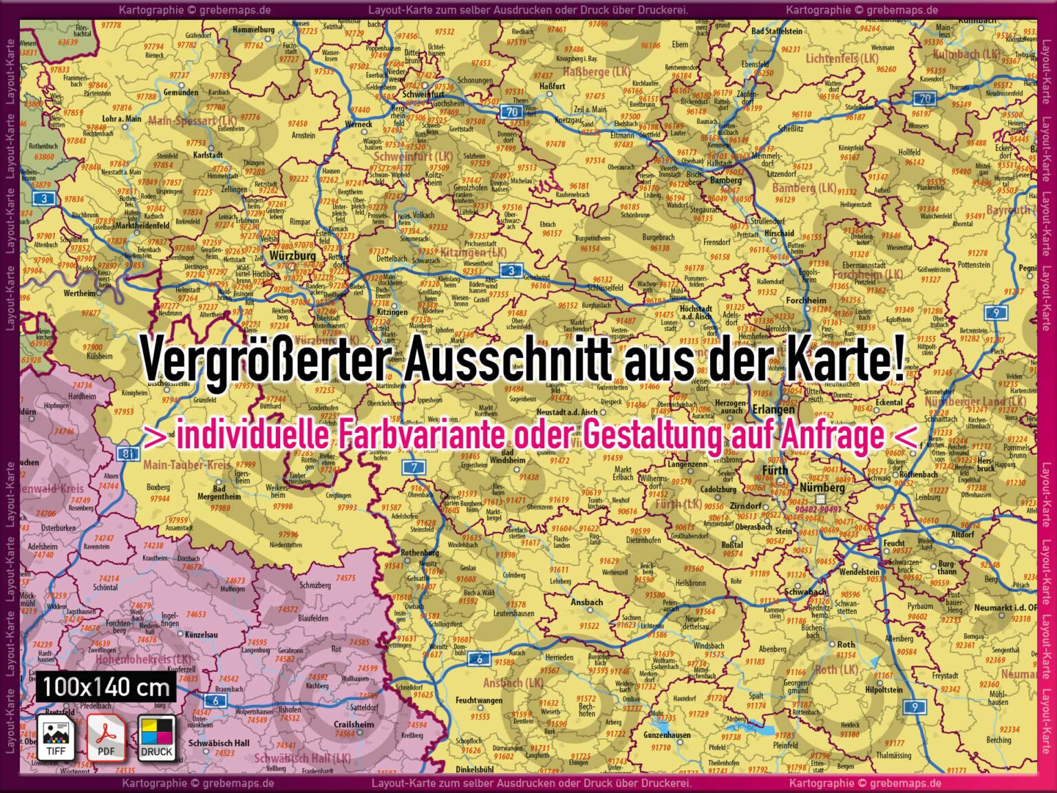 Deutschland Layout-Karte Postleitzahlenkarte PLZ 5-stellig Landkreise ...